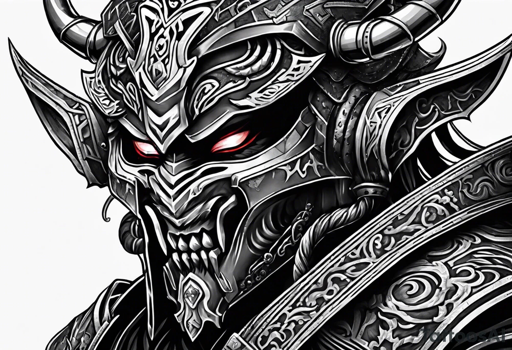 Angry robot demon ninja with demon mask face tattoo idea | TattoosAI