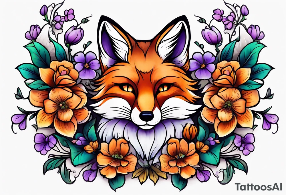 Neo traditional fox with violets tattoo idea | TattoosAI