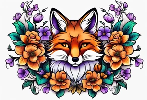 Neo traditional fox with violets tattoo idea | TattoosAI