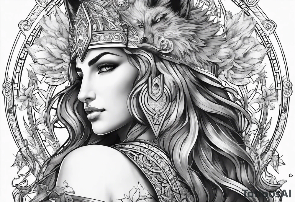 Greek god zeus, full sleeve, attractive female face with wolf headress ...