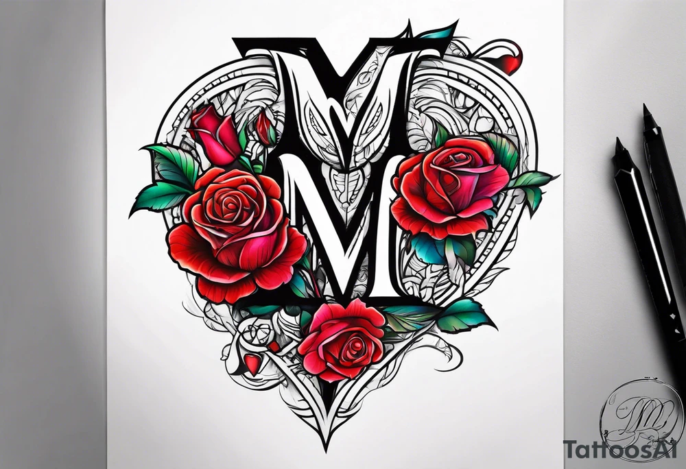 Letter M heart roses tattoo idea | TattoosAI