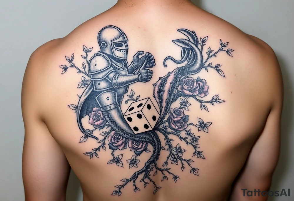 Knight and squid intertwined with climbing roses and tree roots with ...
