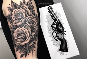 Sleeve tattoo showing a intricately decorative revolver shooting out a ...