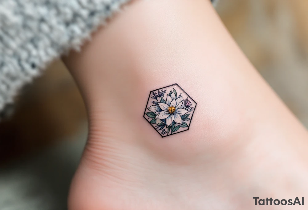 Faint Hexagon with Leo, larkspur and water lilies in the center tattoo ...