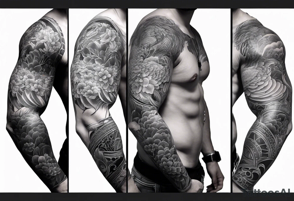 High contrast black and grey Japanese full arm tattoo tattoo idea ...