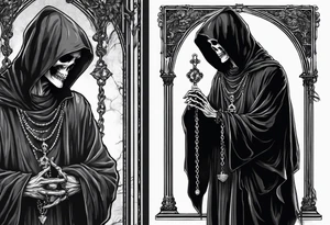 The grim reaper standing from a side profile praying with a rosary ...