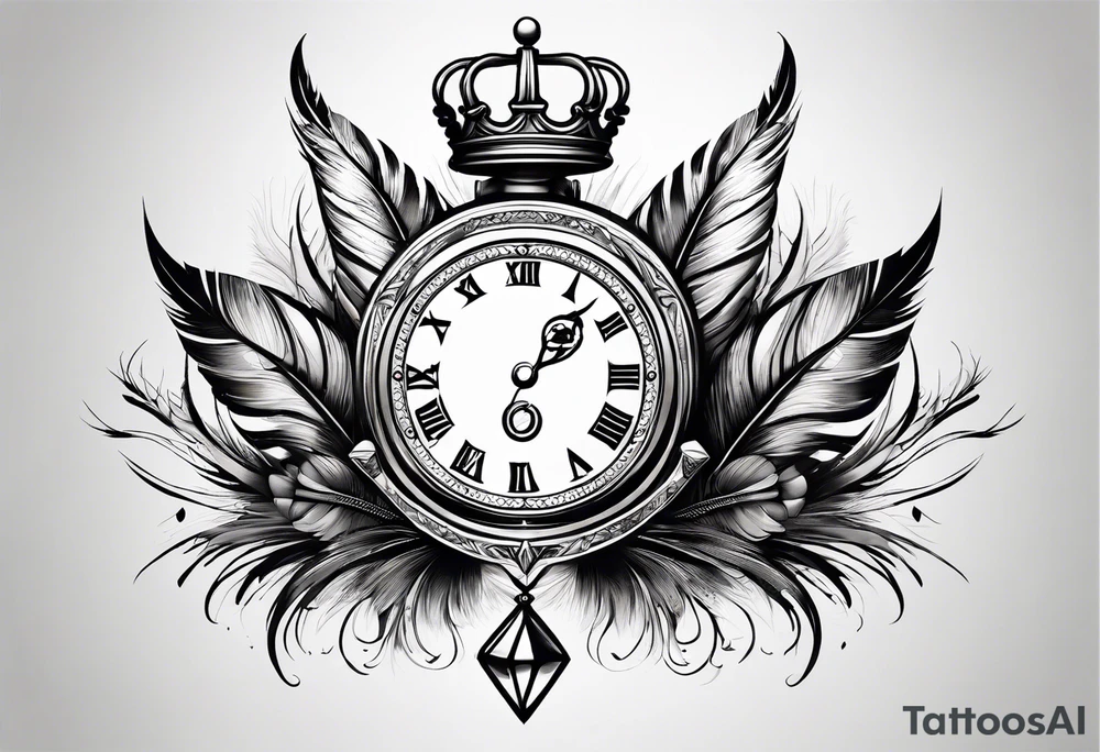 Hourglass with feathers, a crown with a diamond and a pocket watch ...