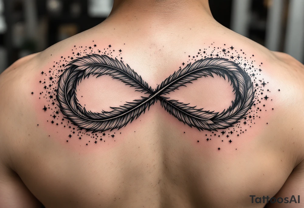 Infinity symbol woven with floating feathers and stardust tattoo idea ...