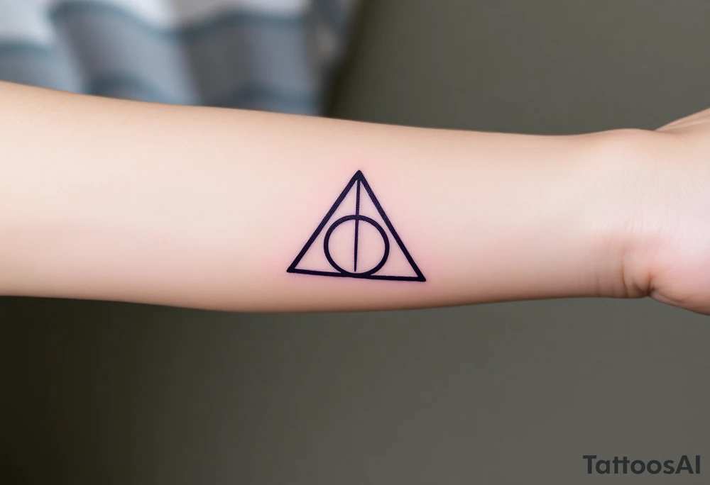 A delicate Deathly Hallows full symbol in thin gold lines in shades of ...