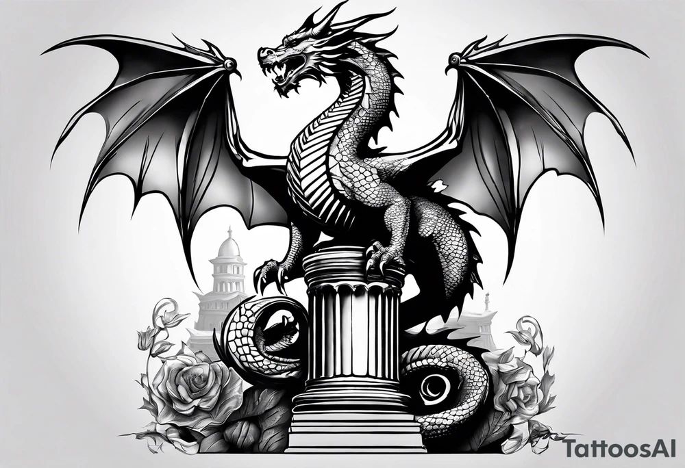 Small Dragon after a war, standing on two broken roman columns showing ...