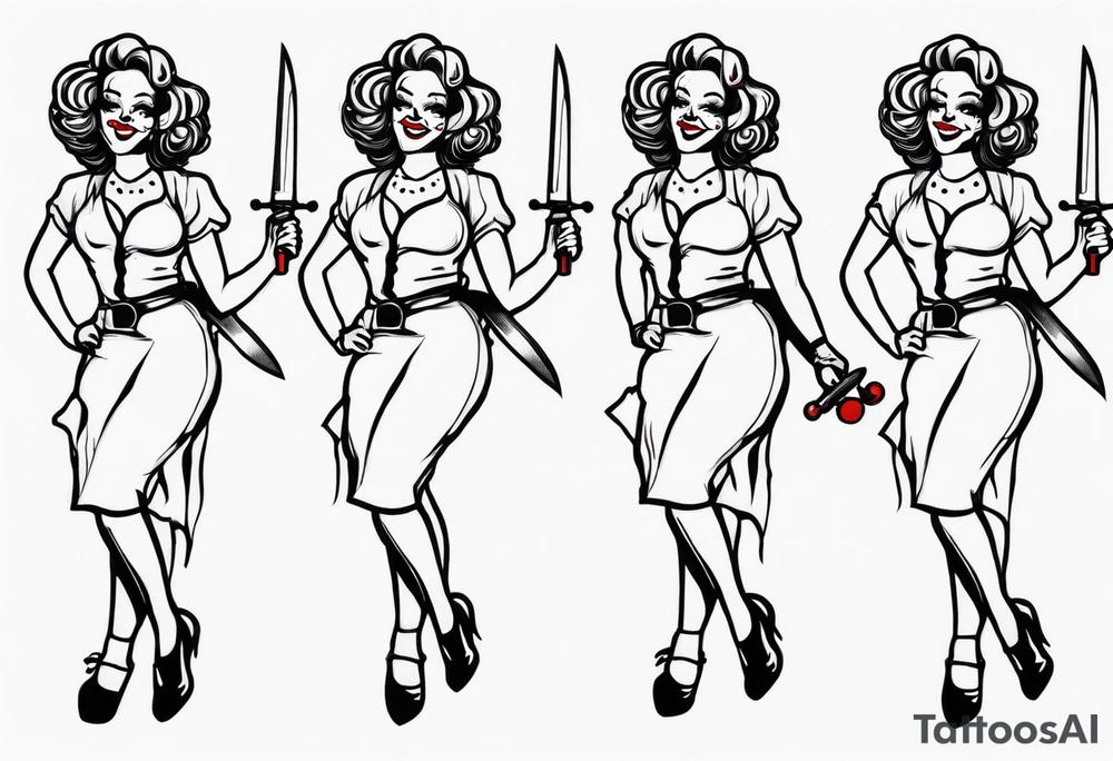 Full body female pin up clown holding knife tattoo idea | TattoosAI