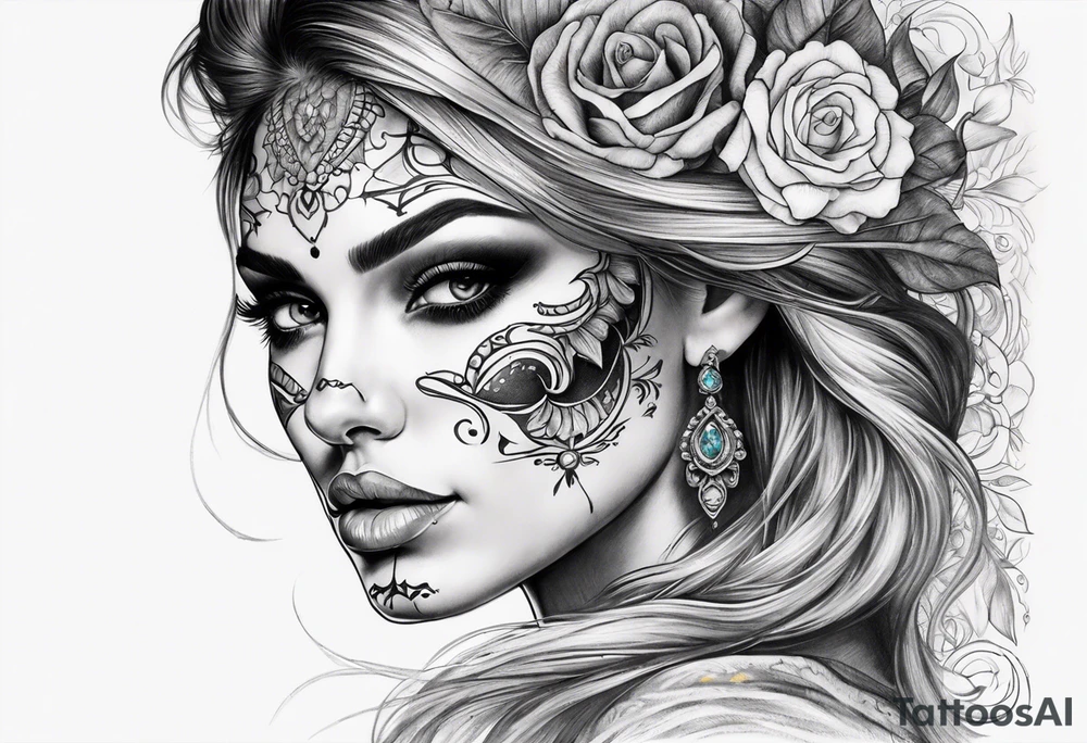 Half skull half beautiful lady face tattoo idea | TattoosAI