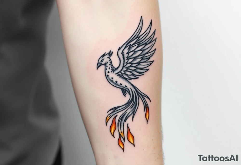 Magnificent phoenix rising from golden flames with trailing embers ...