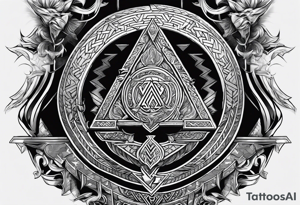 Valhalla sword shield axe Valknut stairs tattoo idea | TattoosAI
