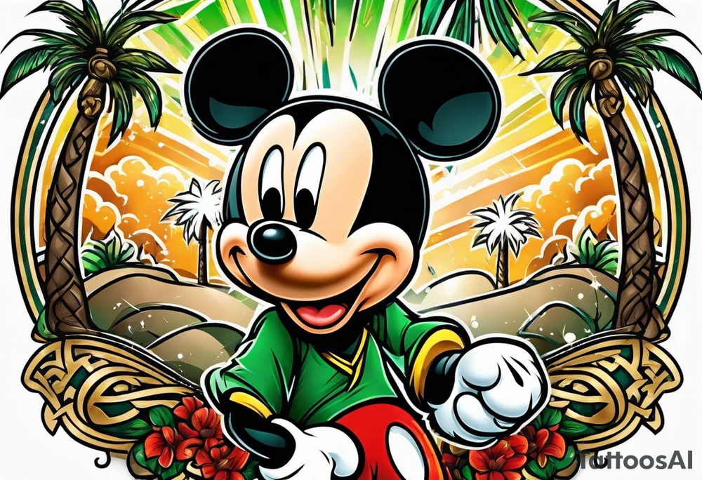 Mickey mouse in a lightning storm with palm trees and the celtic symbol ...
