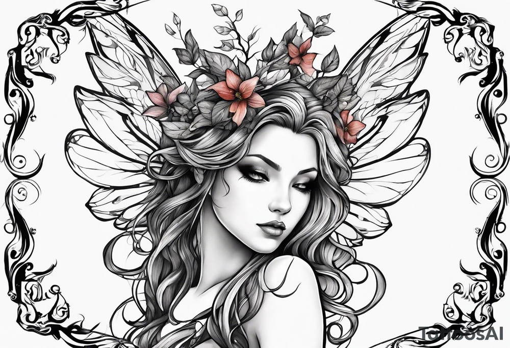 Fairy crouching with a tree coming out of wings tattoo idea | TattoosAI
