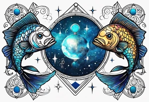 A 1/2 sleeve with 2 pisces fish one black one blue incorporate sigils ...