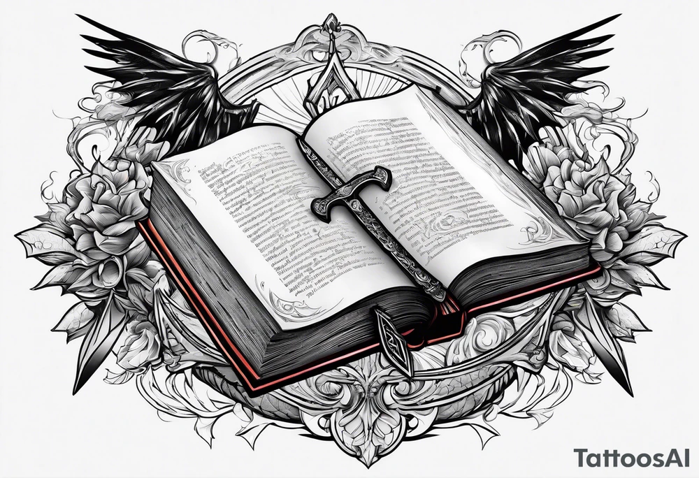 An empty open book with a sword through it, dragonwings and sparks ...