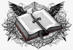 An empty open book with a sword through it, dragonwings and sparks ...