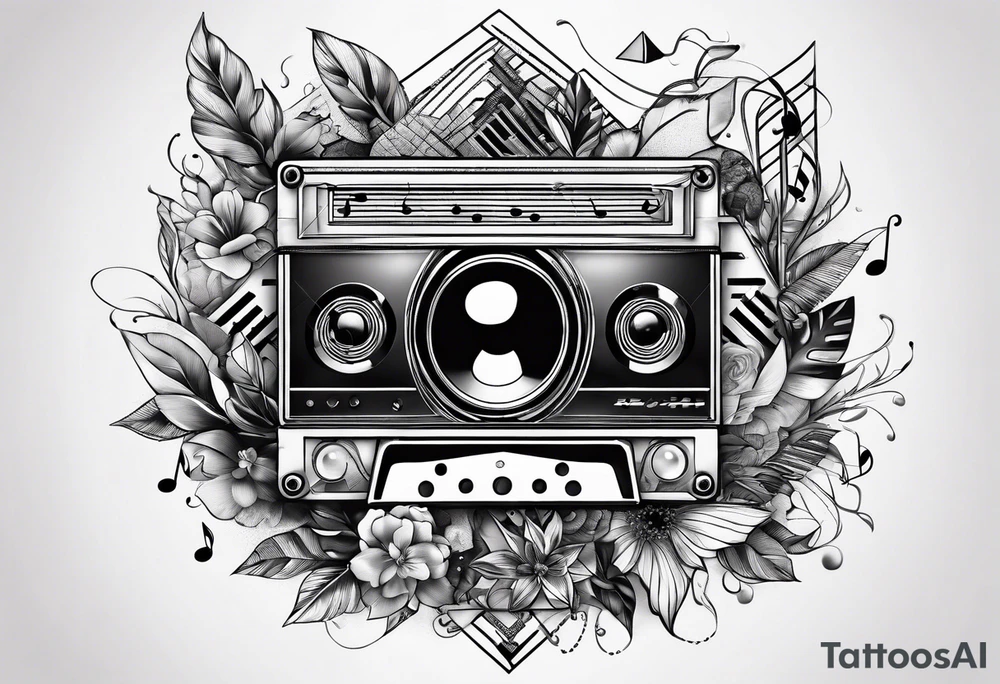 Geometric tattoo with music notes, a cassette tape, and instruments ...