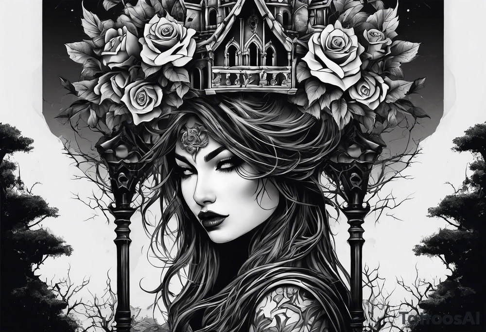 Tattoo fool sleeve, destroyed dark gothic castle, tree roots break out ...
