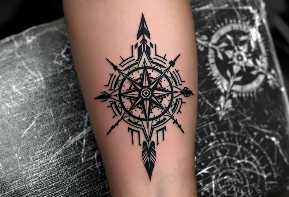 Compass/clock with a large native American arrow tattoo idea | TattoosAI