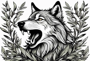 Realistic howling wolf drawn with olive tree branches and leaves tattoo ...