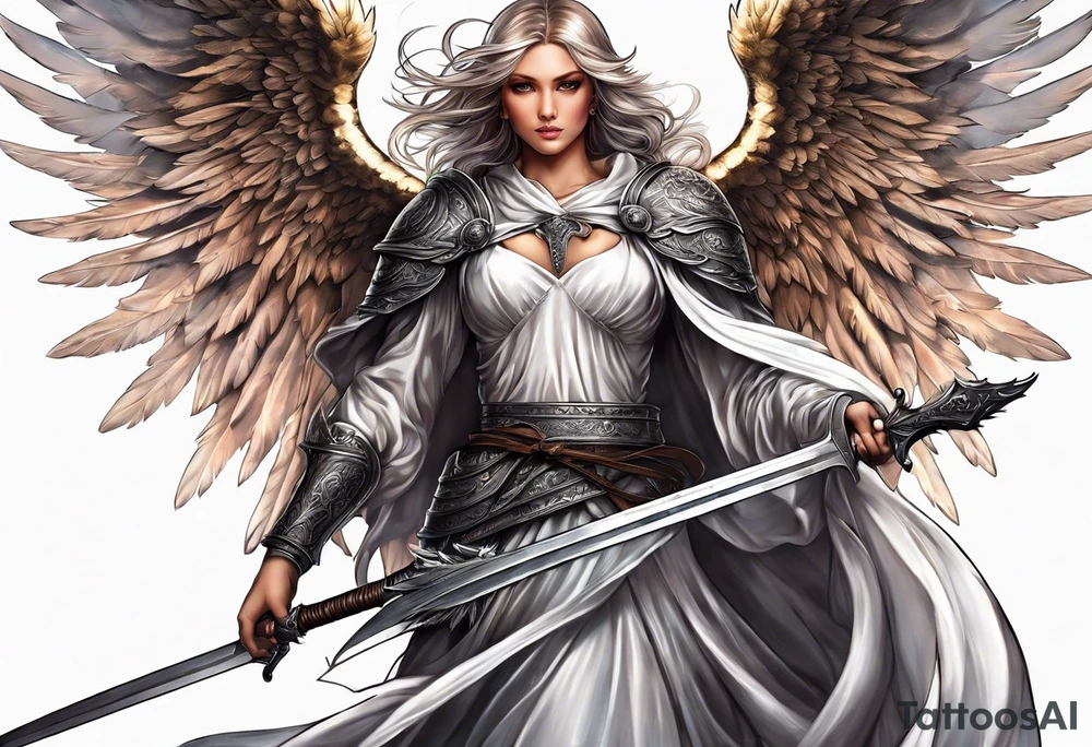 Angel with sword drawn tattoo idea | TattoosAI