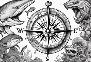 Scary Pirate themed compass surrounded by marine animals tattoo idea ...