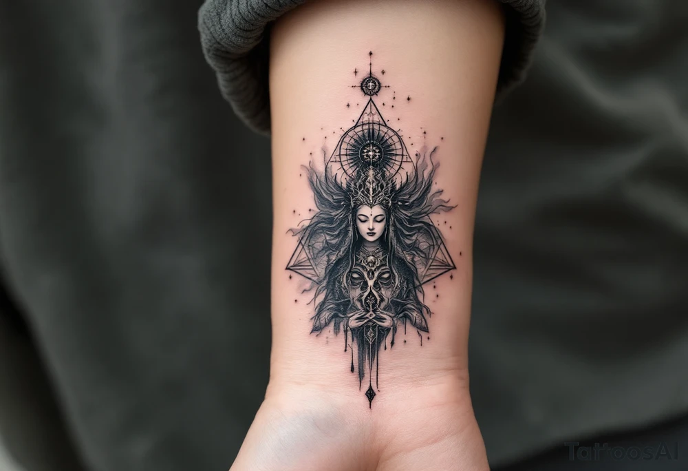 Dmt enlightenment deity with sacred geometry behind tattoo idea | TattoosAI