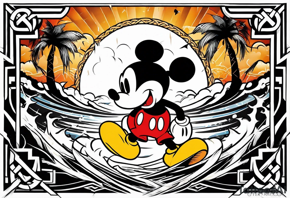 Mickey mouse in a lightning storm with palm trees and the celtic symbol ...