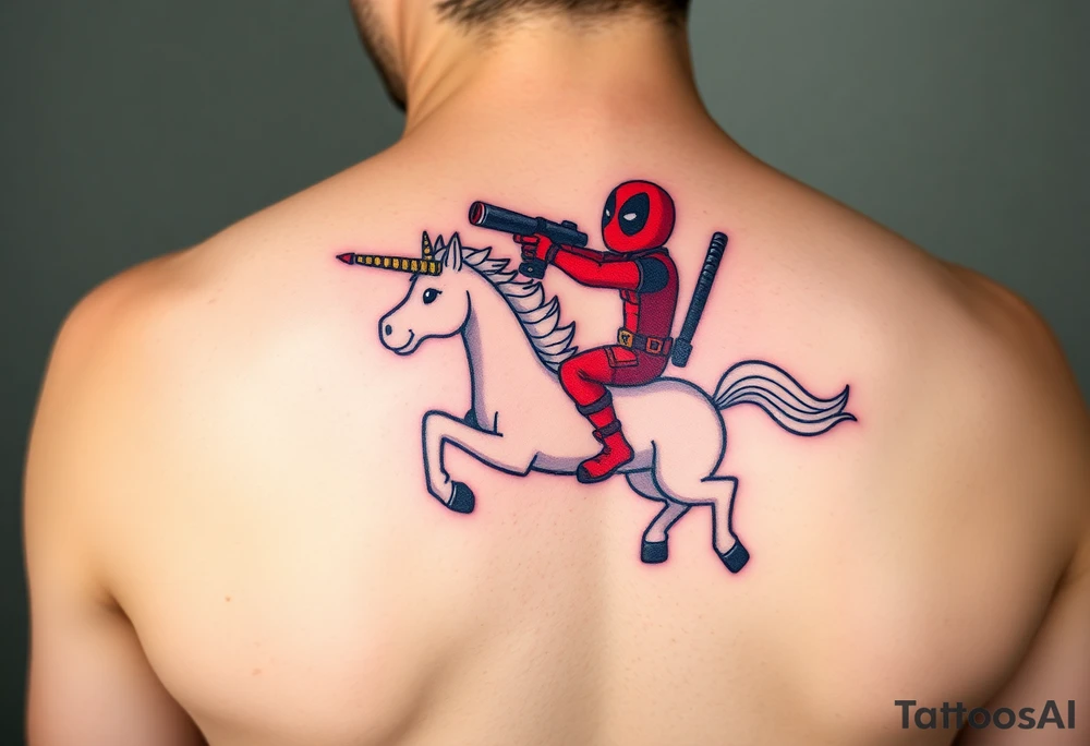 Deadpool riding unicorn pointing rocket propelled grenade launcher ...