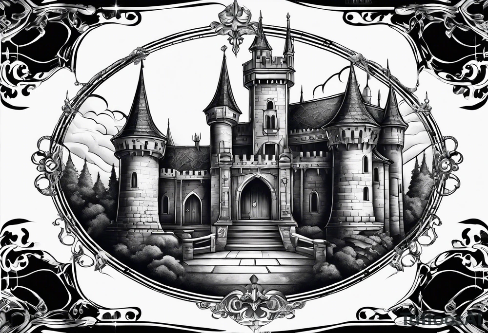 Cyber sigilism tatto with gothic castle tattoo idea | TattoosAI