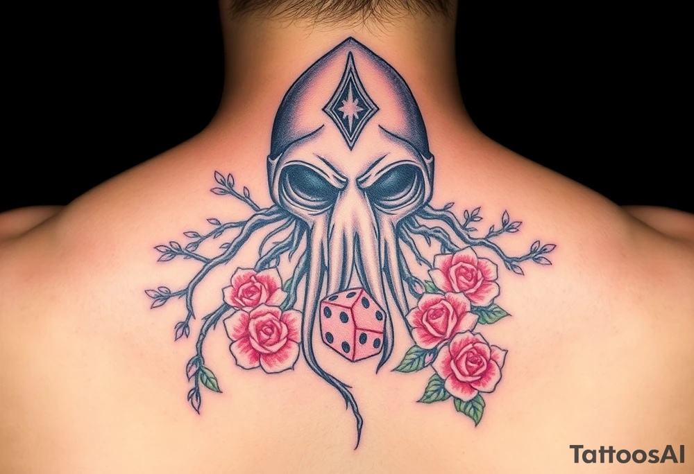 Squid knight helmet combined with tree roots, cherry blossoms and roses rolling dice tattoo idea ...