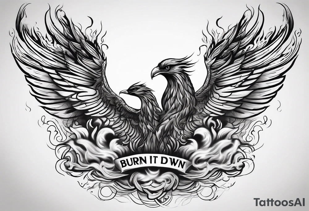 Bold text "BURN IT DOWN" engulfed with flames and smoke of a phoenix ...