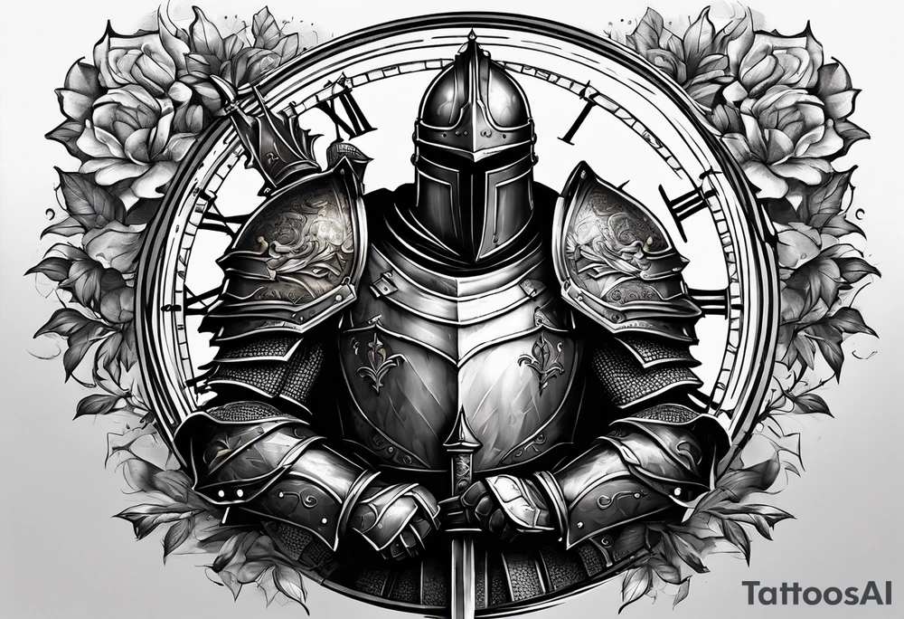 Knight in heavy armor full body with clock tattoo idea | TattoosAI