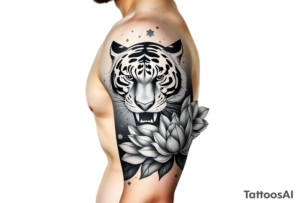 Fierce tiger emerging through blooming lotus flowers in mist tattoo ...