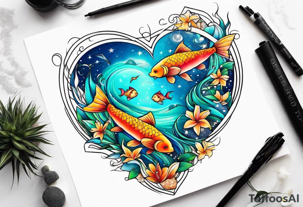 Pisces summer beach mother love tattoo idea | TattoosAI