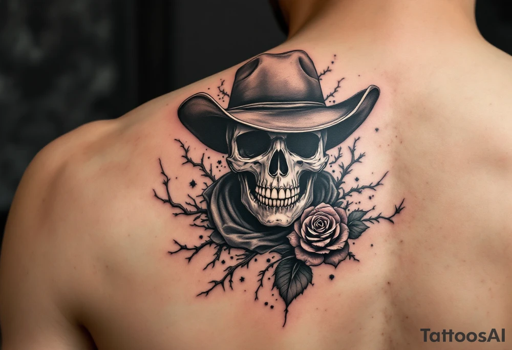 Full skeleton cowboy with rose in teeth tattoo idea | TattoosAI