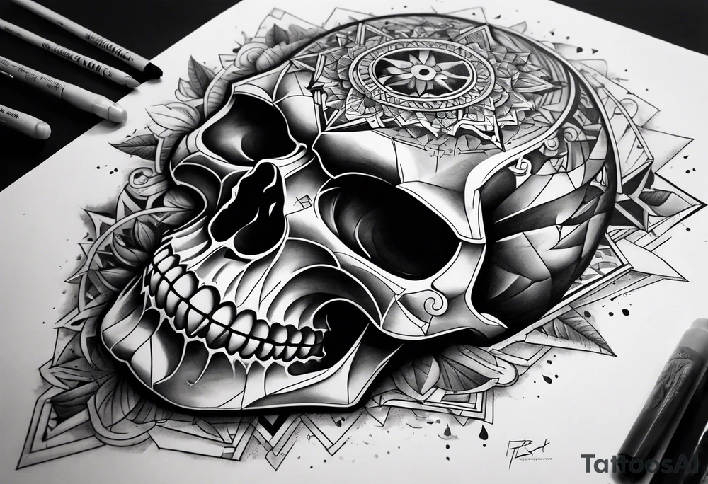 Fragmented extreme pain skull elbow on arm tattoo idea | TattoosAI