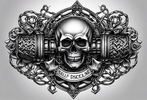 Tattoo of the word 'Self discipline' tied on both ends with metal ...