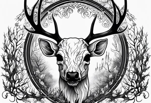A scary decayed deer skull head human body with flames and trees tattoo ...