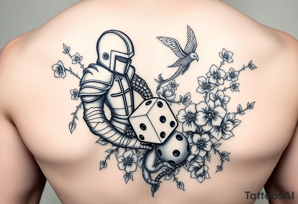 Knight and squid intertwined with climbing roses and thorny vines with cherry blossoms rolling ...