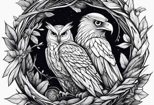 Owl, raven, eagle cuddled in a nest, birdseye view tattoo idea | TattoosAI