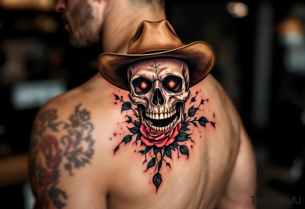 Full skeleton cowboy with rose in teeth tattoo idea | TattoosAI