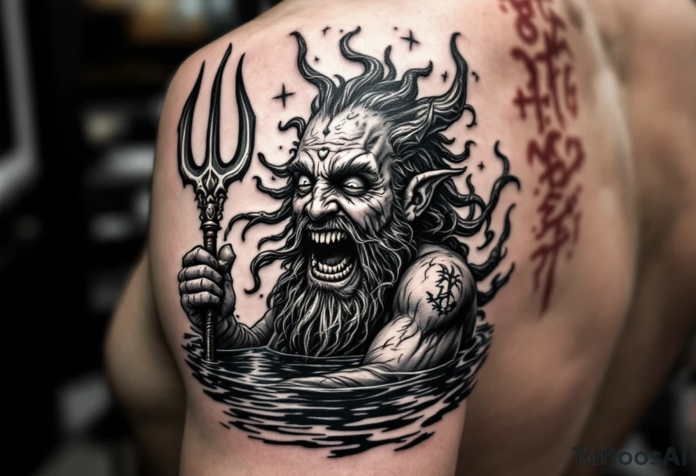 Laughing poseidon, with a trident, in calm water, holding a beer tattoo ...