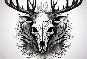 A scary decayed deer skull head human body with flames and trees tattoo ...