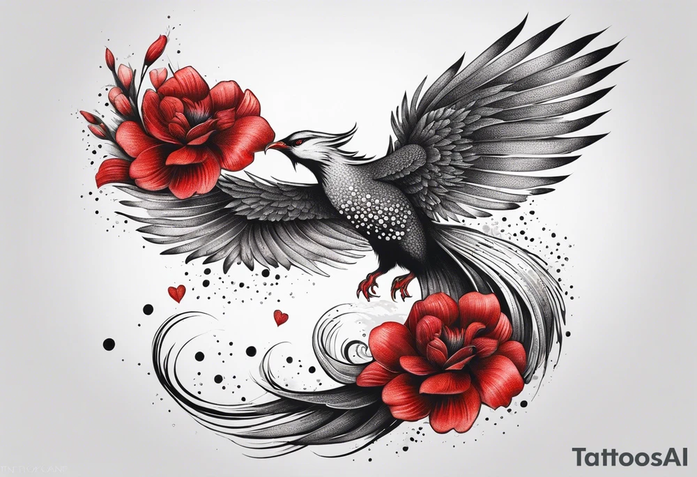 Elongated phoenix in flight in profile long tail with claws holding red ...