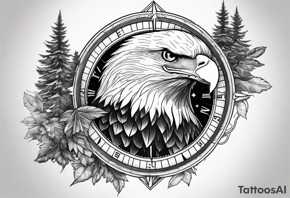 Bald eagle head with forest scenery and compass tattoo idea | TattoosAI