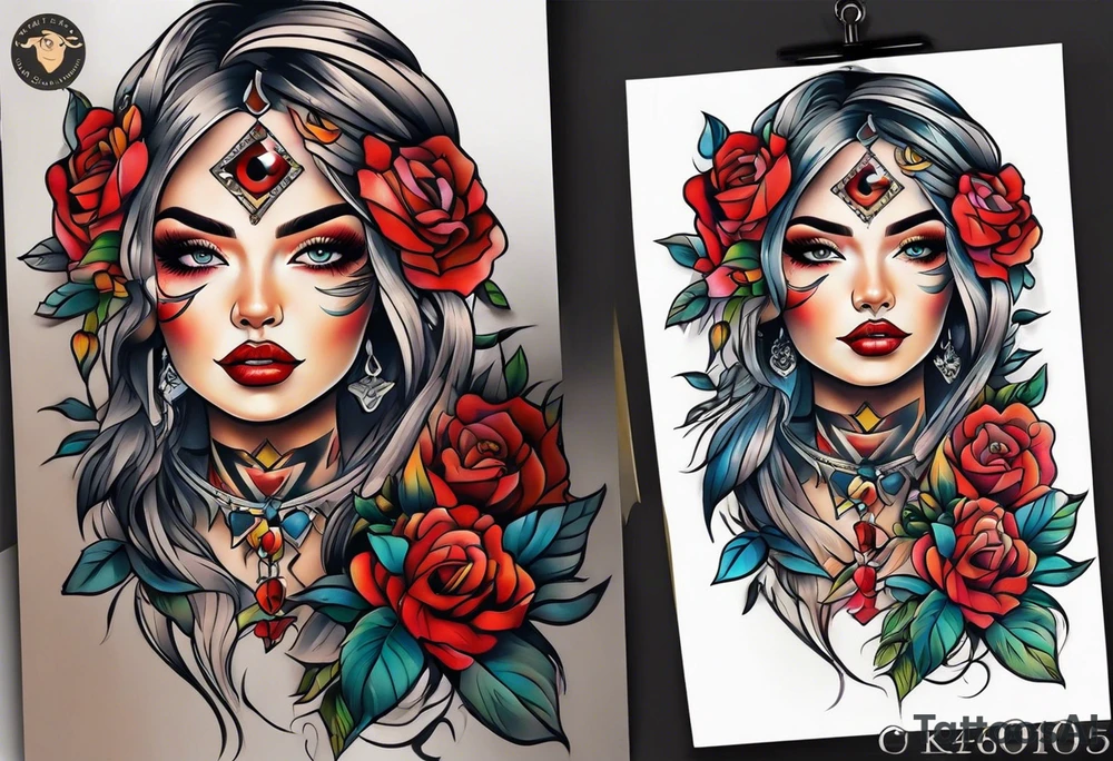 Neo traditional woman tattoo face cross eye tattoo idea | TattoosAI